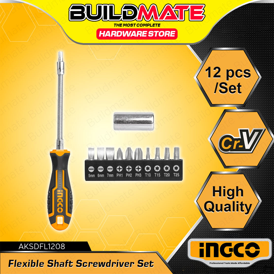 BUILDMATE Ingco 12pcs Flexible Shaft Screwdriver Set Cr-V Bendable Scr ...