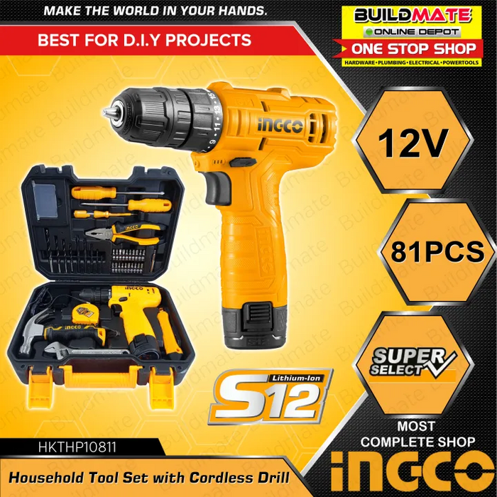 INGCO 81PCS DIY Household Tools Set with Cordless Drill 12V SUPER SELE ...