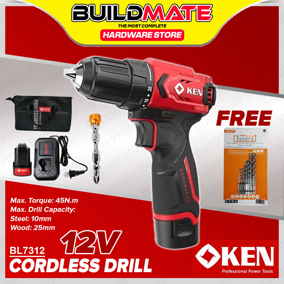 BUILDMATE Ken 12V Brushless Cordless Drill 45N.m Heavy Duty Rechargeab ...
