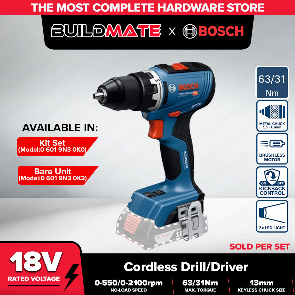 BOSCH 18V Cordless Brushless Drill Driver GSR18V-65 UNIT/ SET 13MM Dur ...