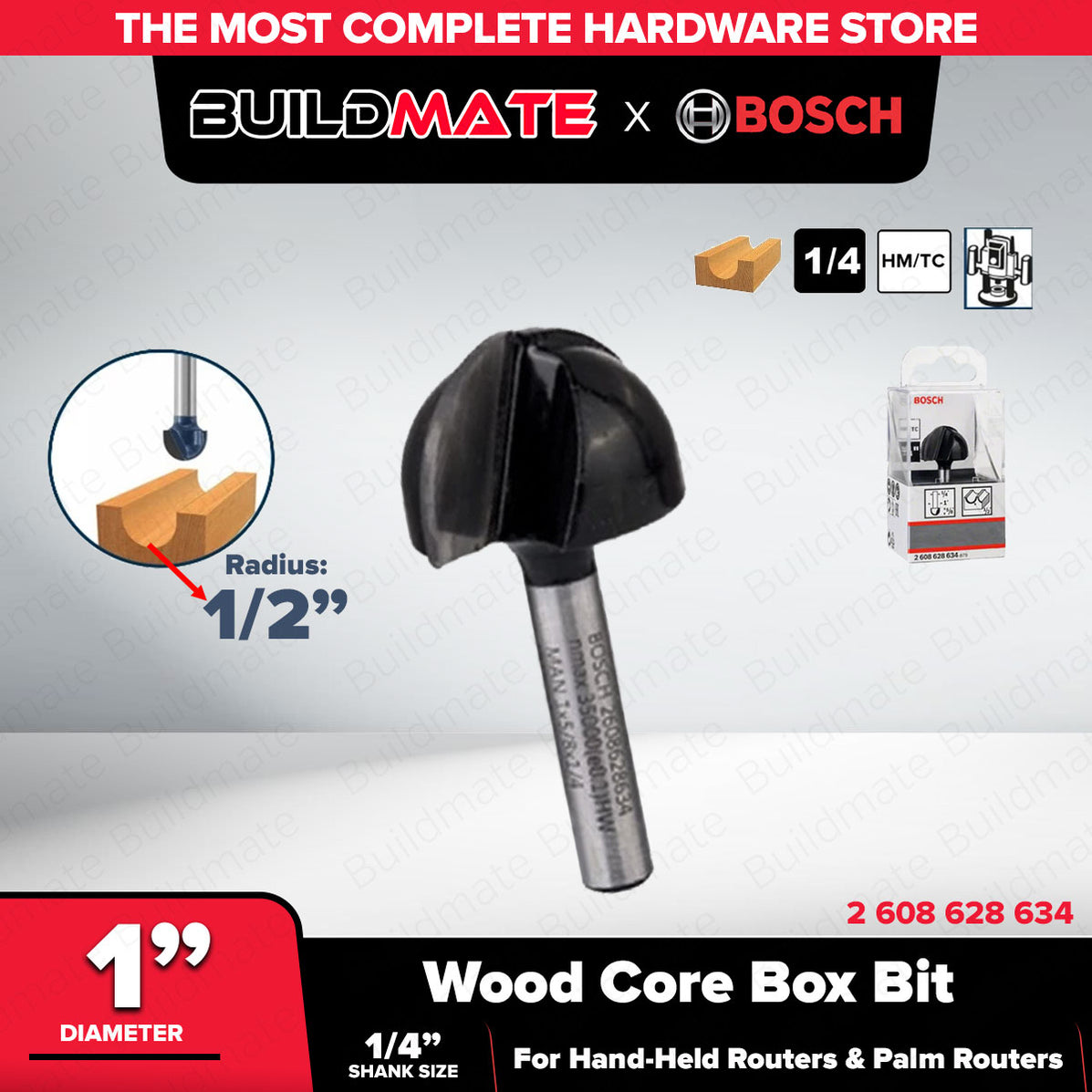 BUILDMATE Bosch 1/4" Inch Core Box Bit Router Bits Cutter 1/8" - 1/2 ...