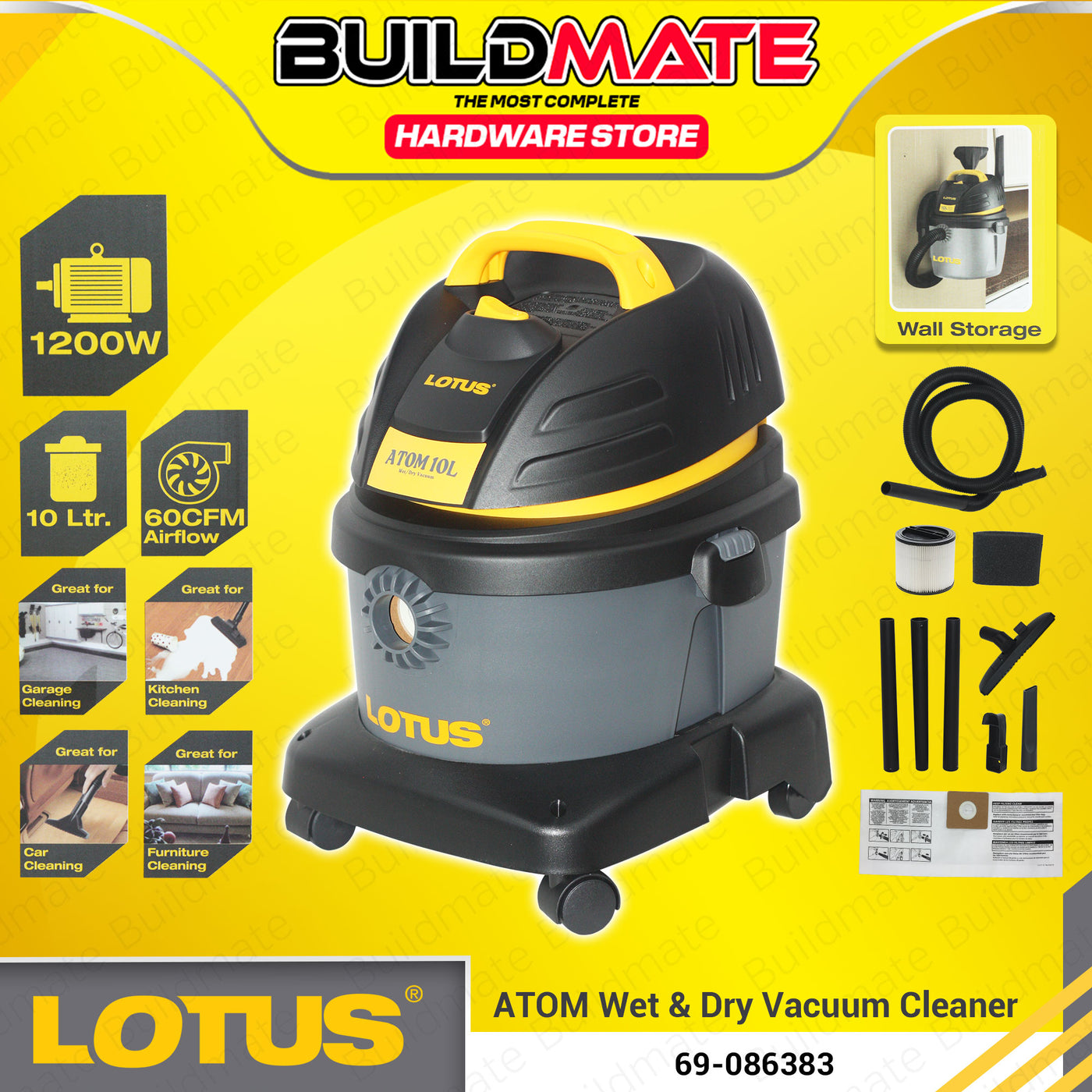 BUILDMATE Lotus 4L 1000W Vacuum Cleaner Wet & Dry for Dust Dirt Self C ...