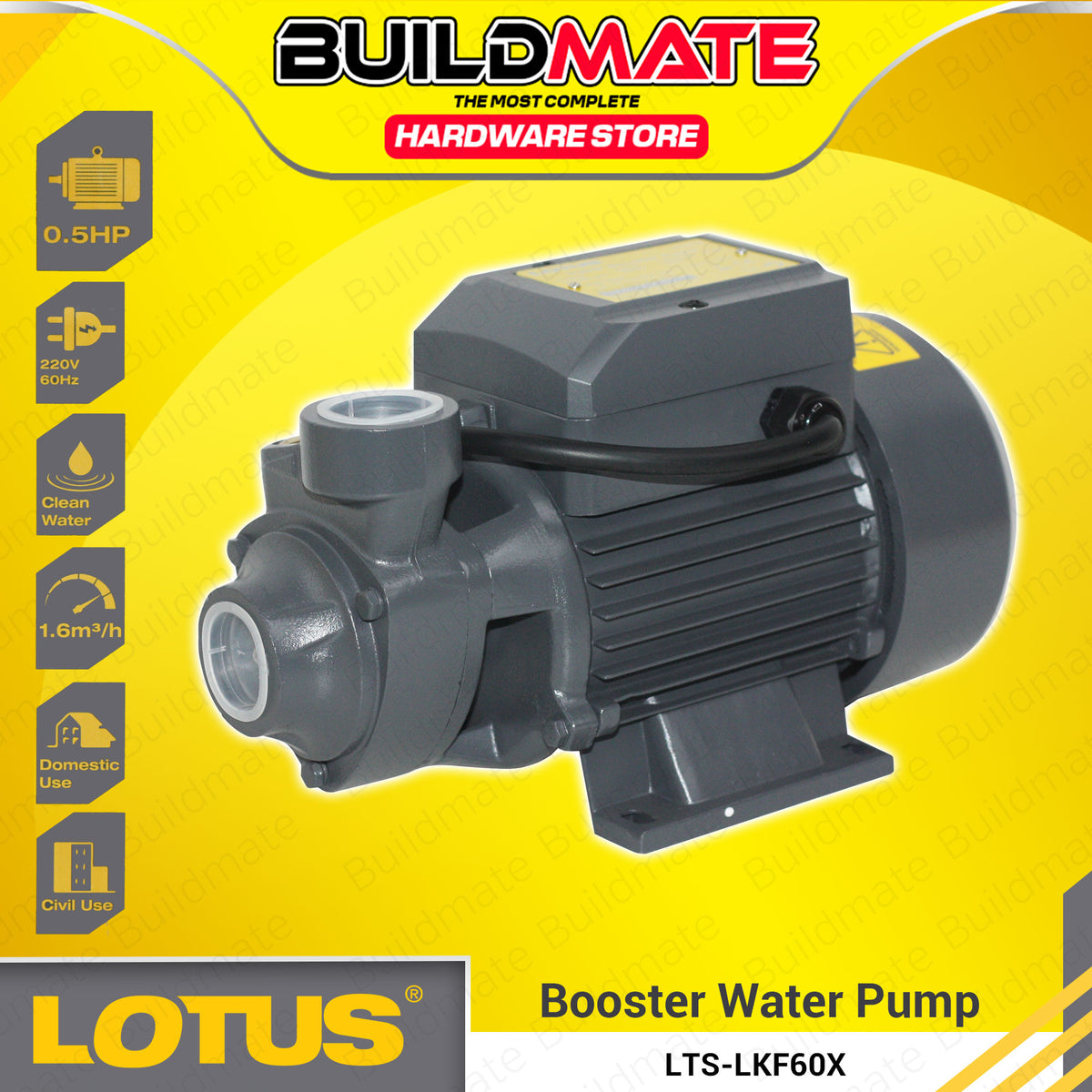 BUILDMATE Lotus Booster Pump 0.5HP Electric Peripheral Clean Water Pum ...