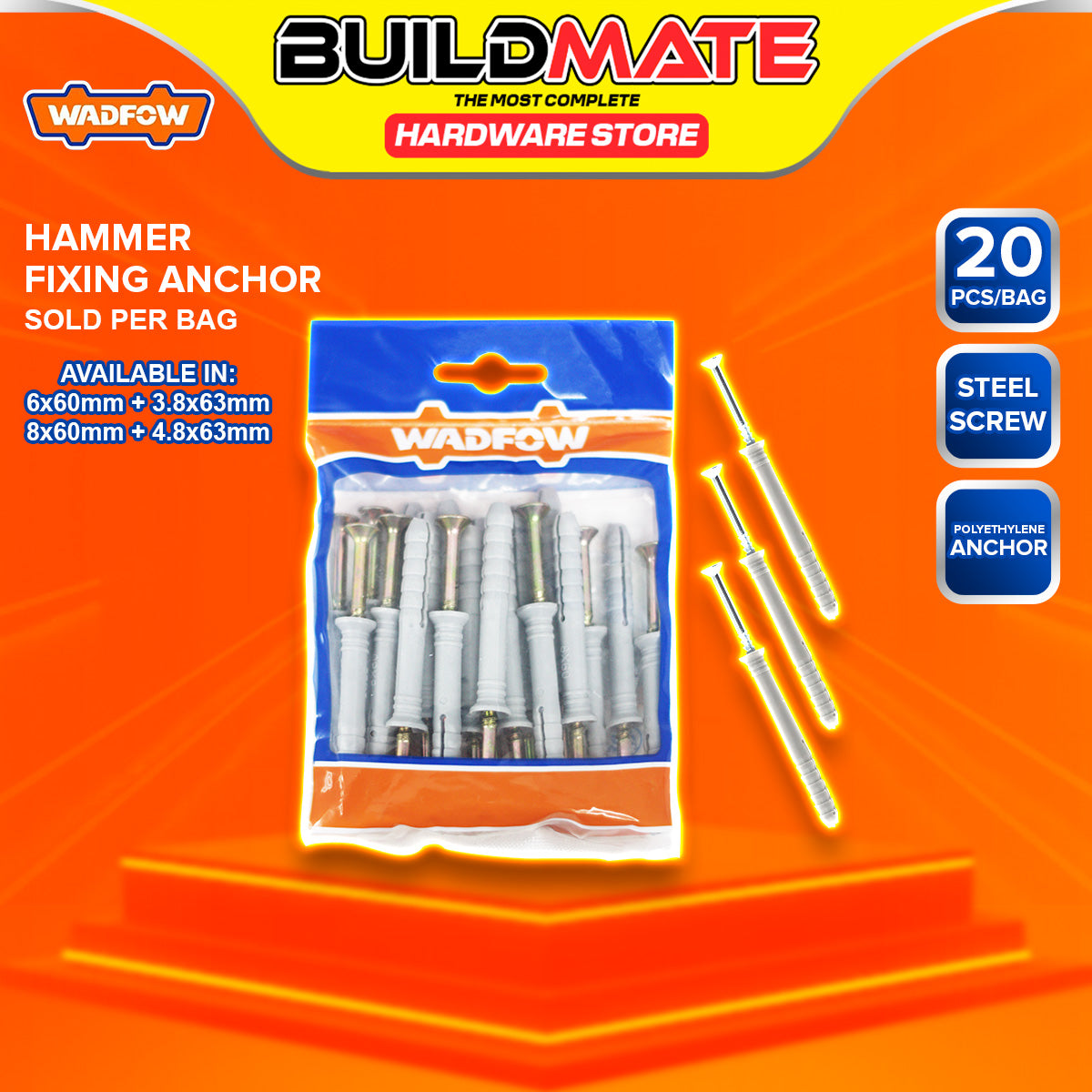 BUILDMATE Wadfow Hammer Fixing Anchor 6x60mm / 8x60mm PE Hammer-In Fas ...
