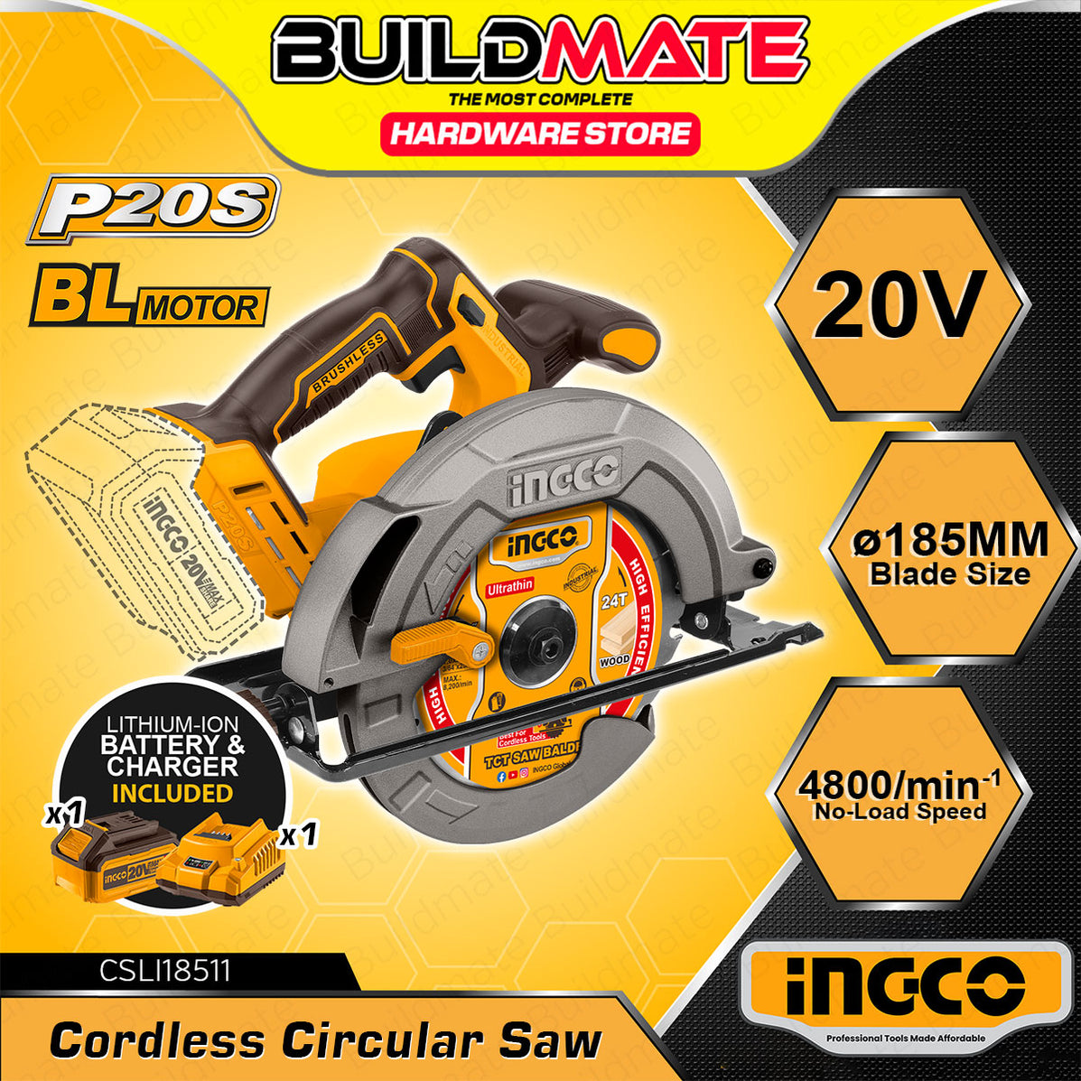 BUILDMATE Ingco 20V Li-Ion Cordless Circular Saw Handheld Cutting Tool ...