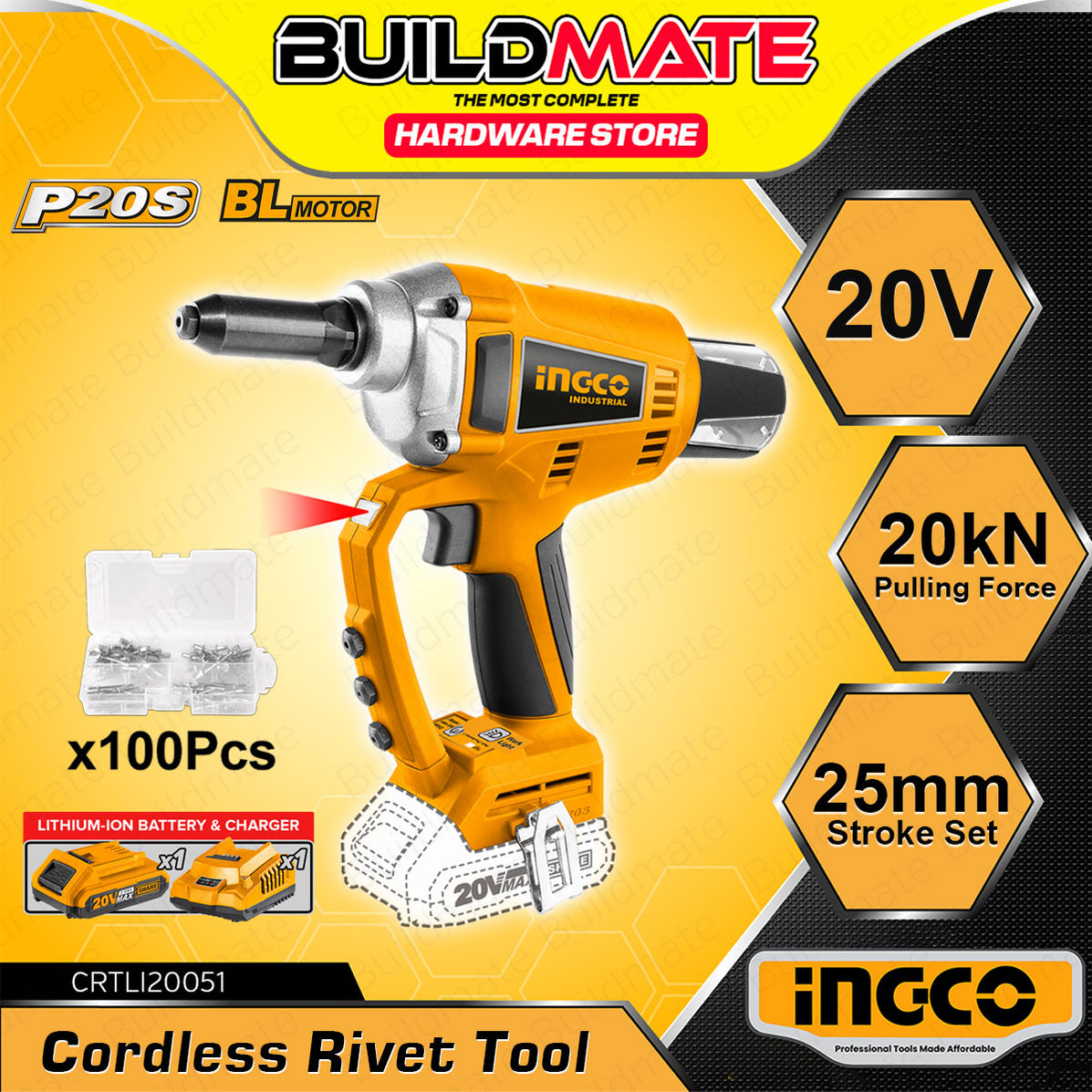 BUILDMATE Ingco 20V Lithium-Ion Cordless Rivet Tool CRTLI20051 - ICPT ...
