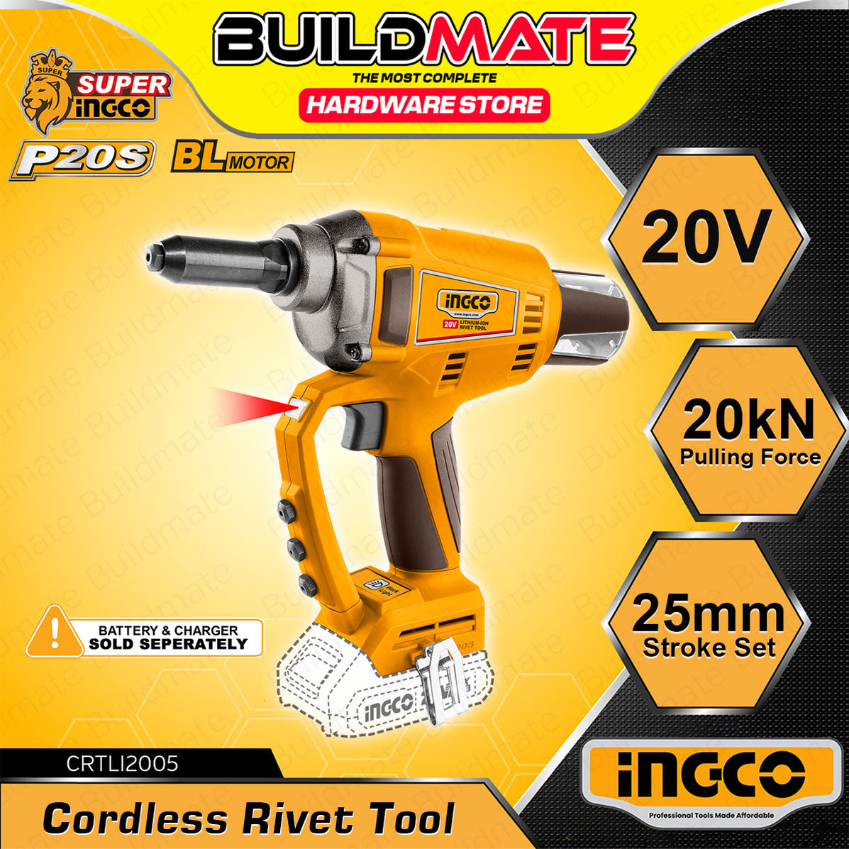 BUILDMATE Ingco 20V Lithium-Ion Cordless Rivet Tool CRTLI20051 - ICPT ...