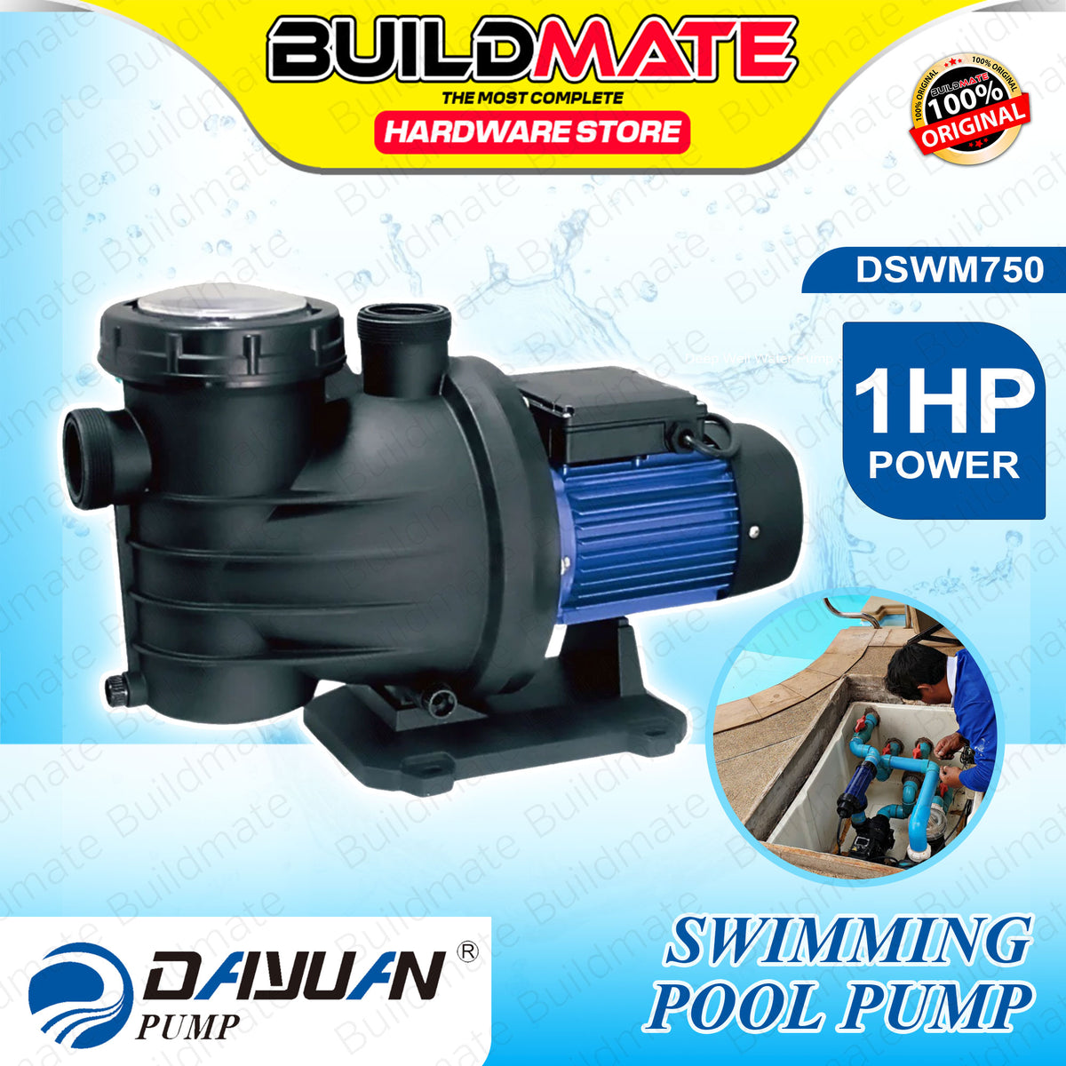 BUILDMATE Dayuan 1HP Swimming Pool Pump 18m³/h Max. Flow Electric Pool ...