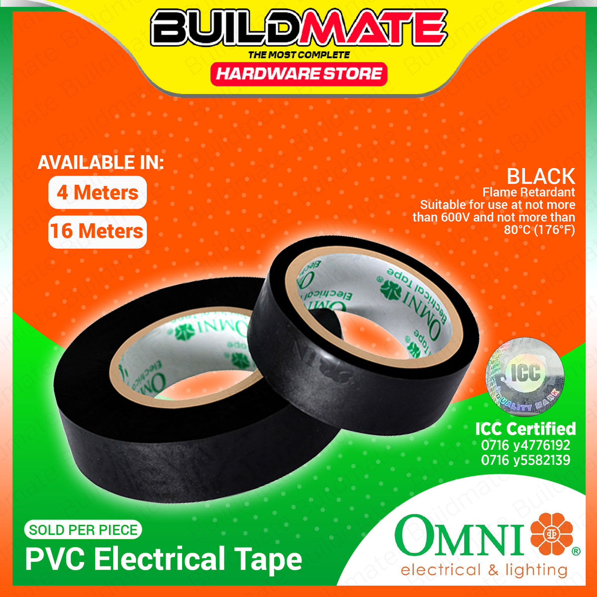 BUILDMATE Omni PVC Electrical Tape 4M /16M Black Insulating Wire Elect ...