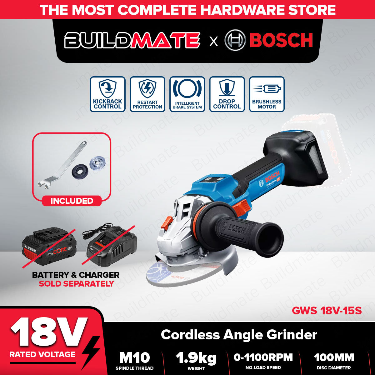 BOSCH Cordless Brushless Angle Grinder GWS 18V-15 S 06019M60K0 Heavy D ...