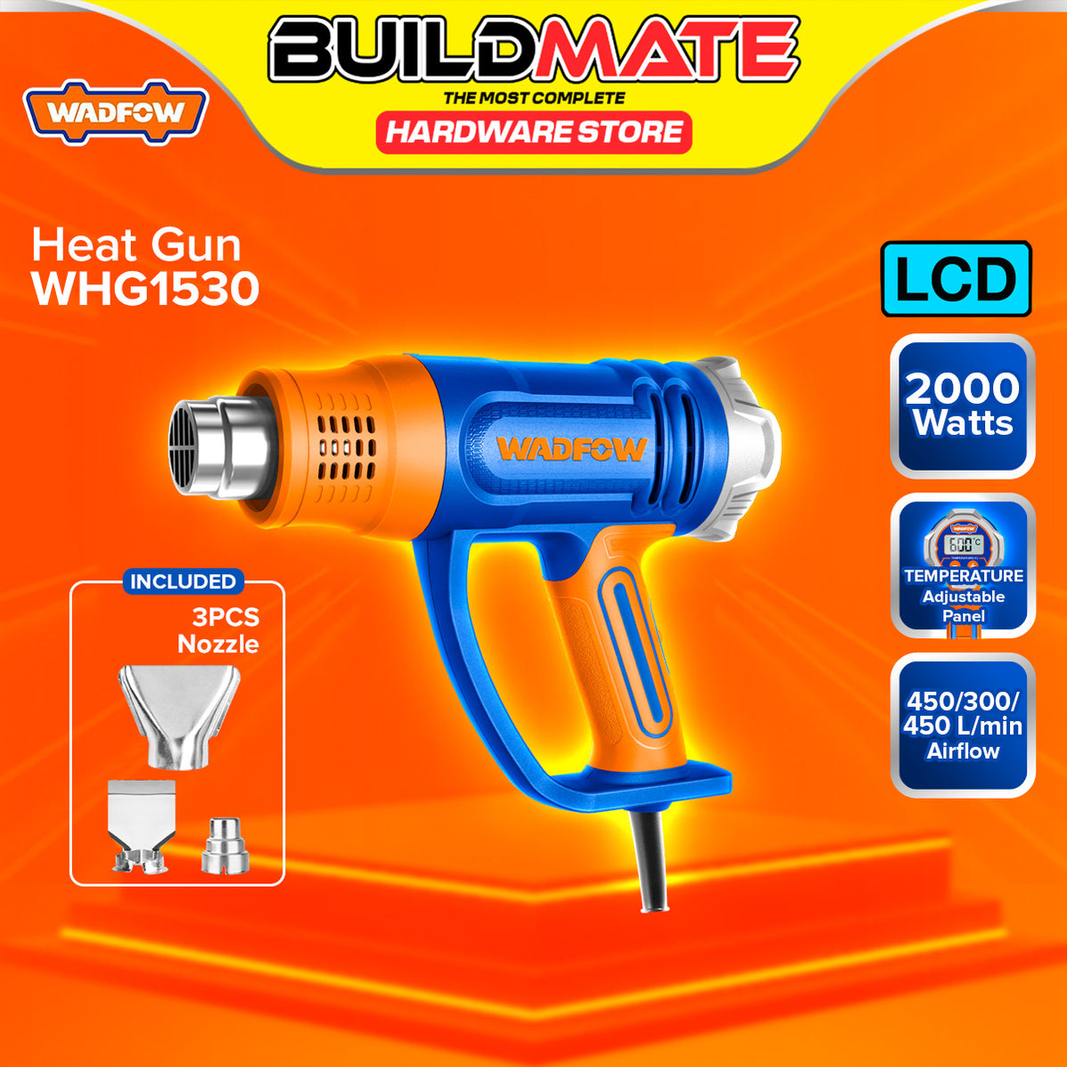 BUILDMATE Wadfow Heat Gun 2000W Hot Air Gun Blower Adjustable Temperat ...