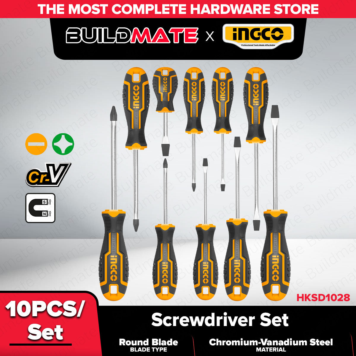 INGCO 10pcs Screwdriver Set Cr-V Magnetic Tip Flat & Phillips Hand Too ...