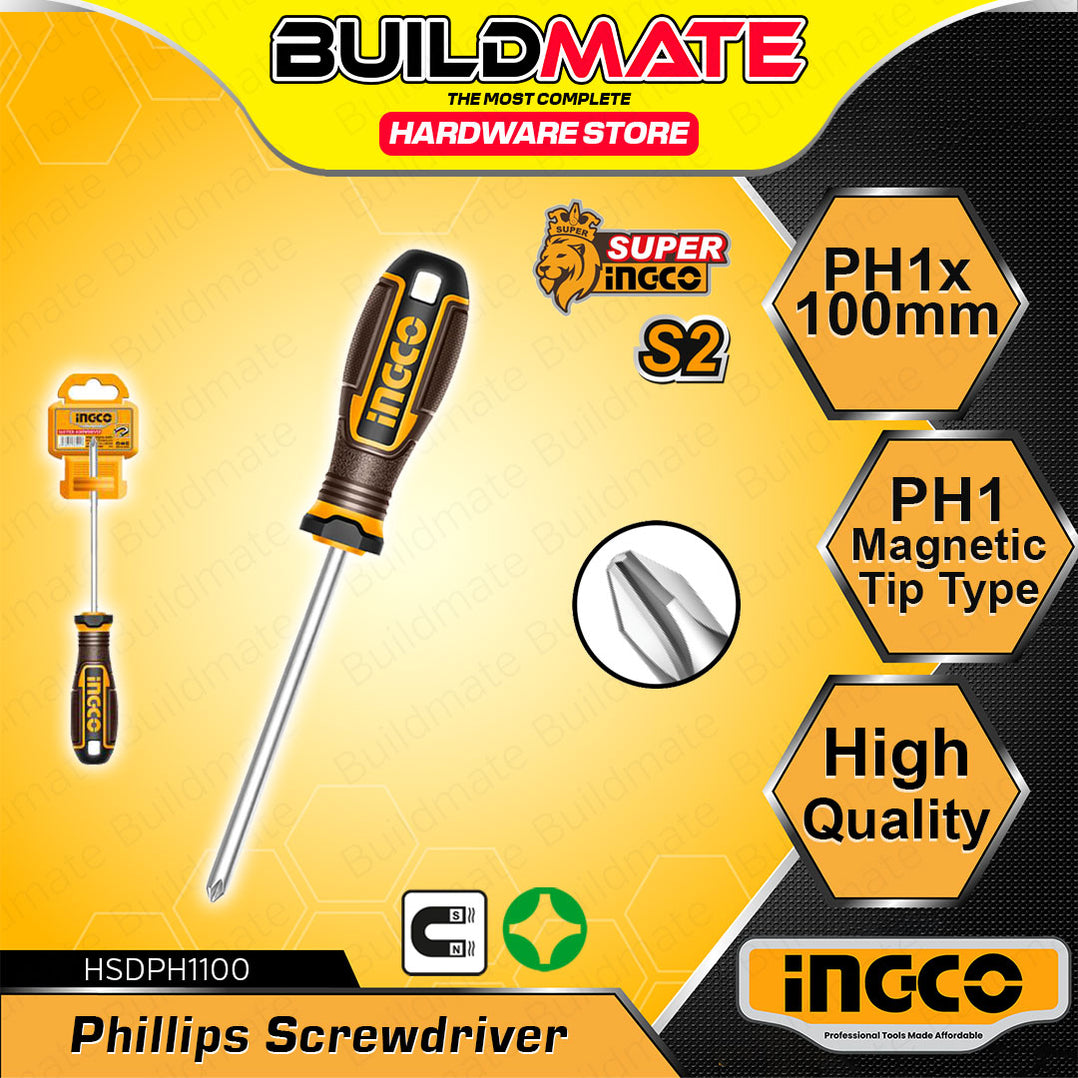 BUILDMATE Ingco Phillips Screwdriver PH1x100mm Crosshead Magnetic Scre ...