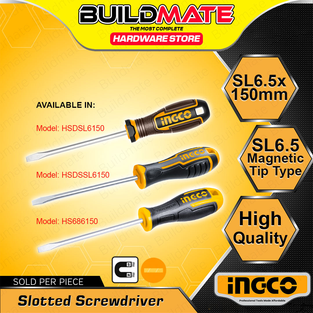 BUILDMATE Ingco Slotted Flat Screwdriver SL6.5x150mm S2 / Cr-V Flathea ...