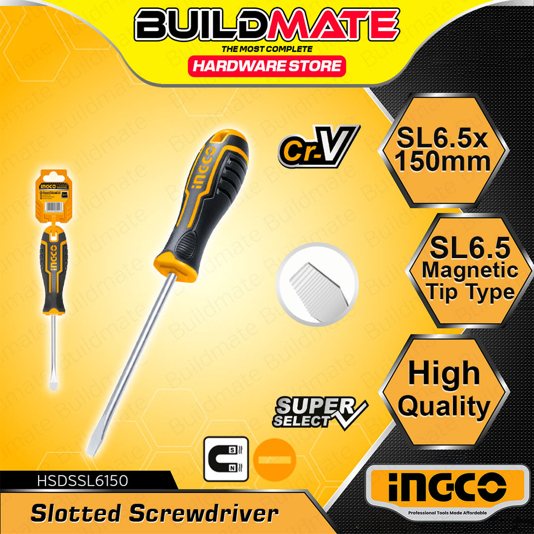 BUILDMATE Ingco Slotted Flat Screwdriver SL6.5x150mm S2 / Cr-V Flathea ...
