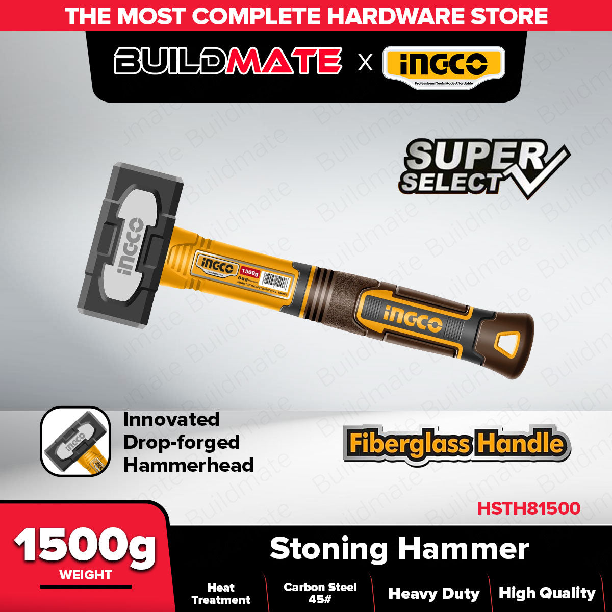 INGCO 1500g Heavy Duty Stoning Hammer Forged Stone Mason Hammer with F ...