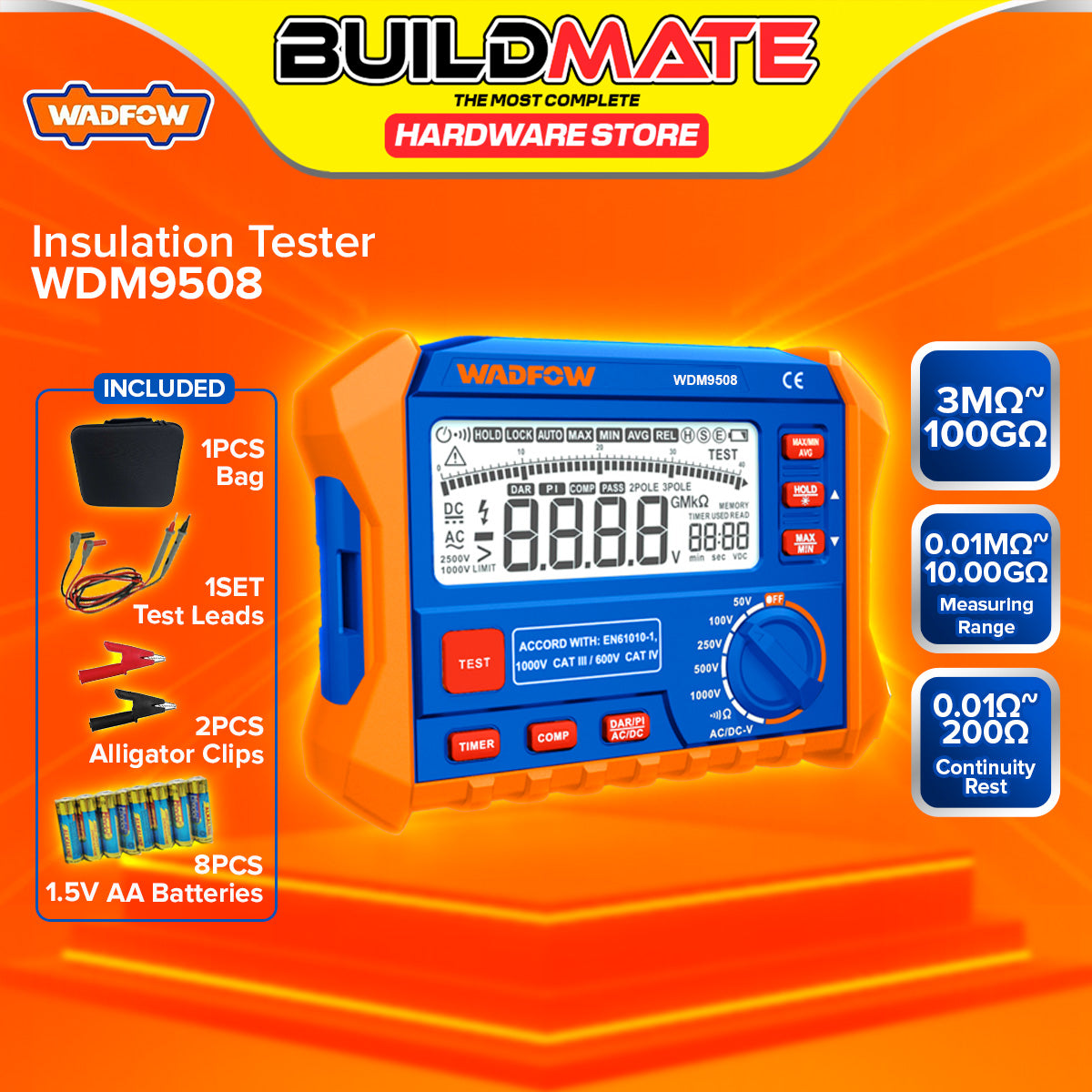 BUILDMATE Wadfow Insulation Tester 3MΩ~100GΩ DC/AC Voltage Testing wit ...