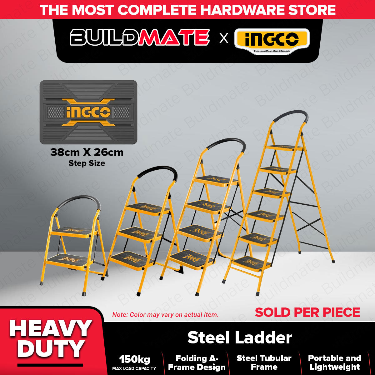 BUILDMATE Ingco Wide Steel Ladder 2 / 3 / 4 STEPS 150KG Capacity House ...