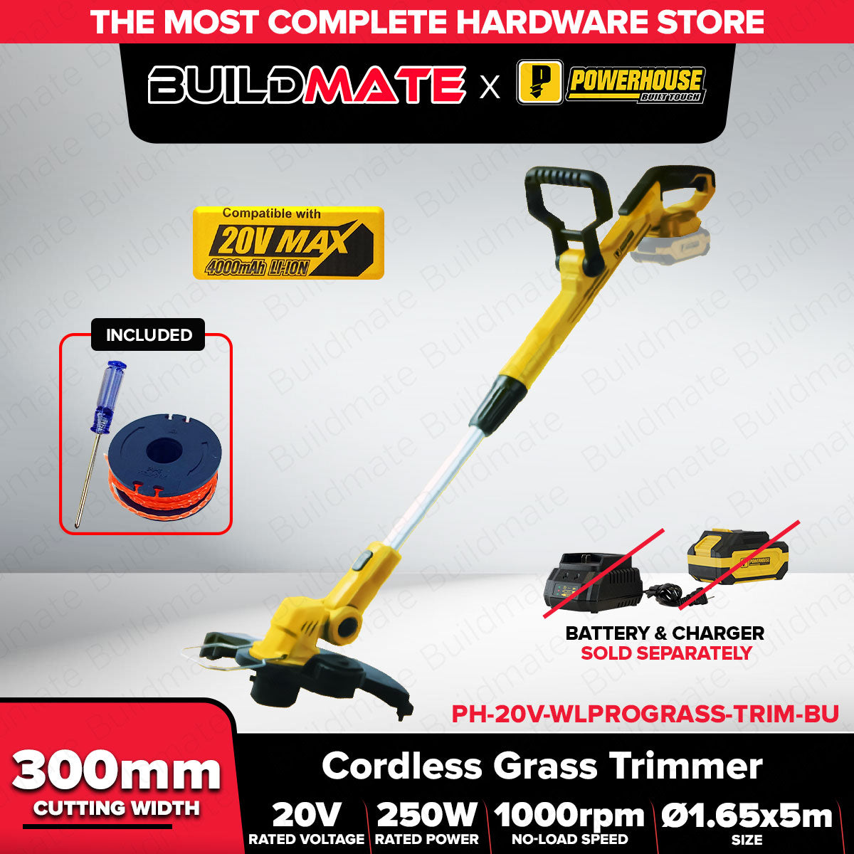 PowerHouse Bare Unit Cordless Super Spin Grass Trimmer 20V Charger and ...