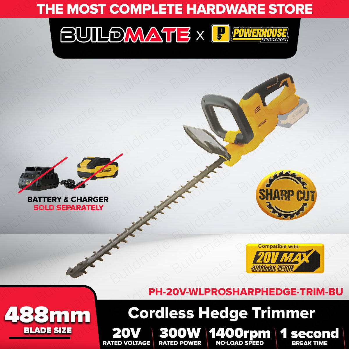 PowerHouse Bare Unit Cordless Sharp Cut Hedge Trimmer 20V Charger and ...