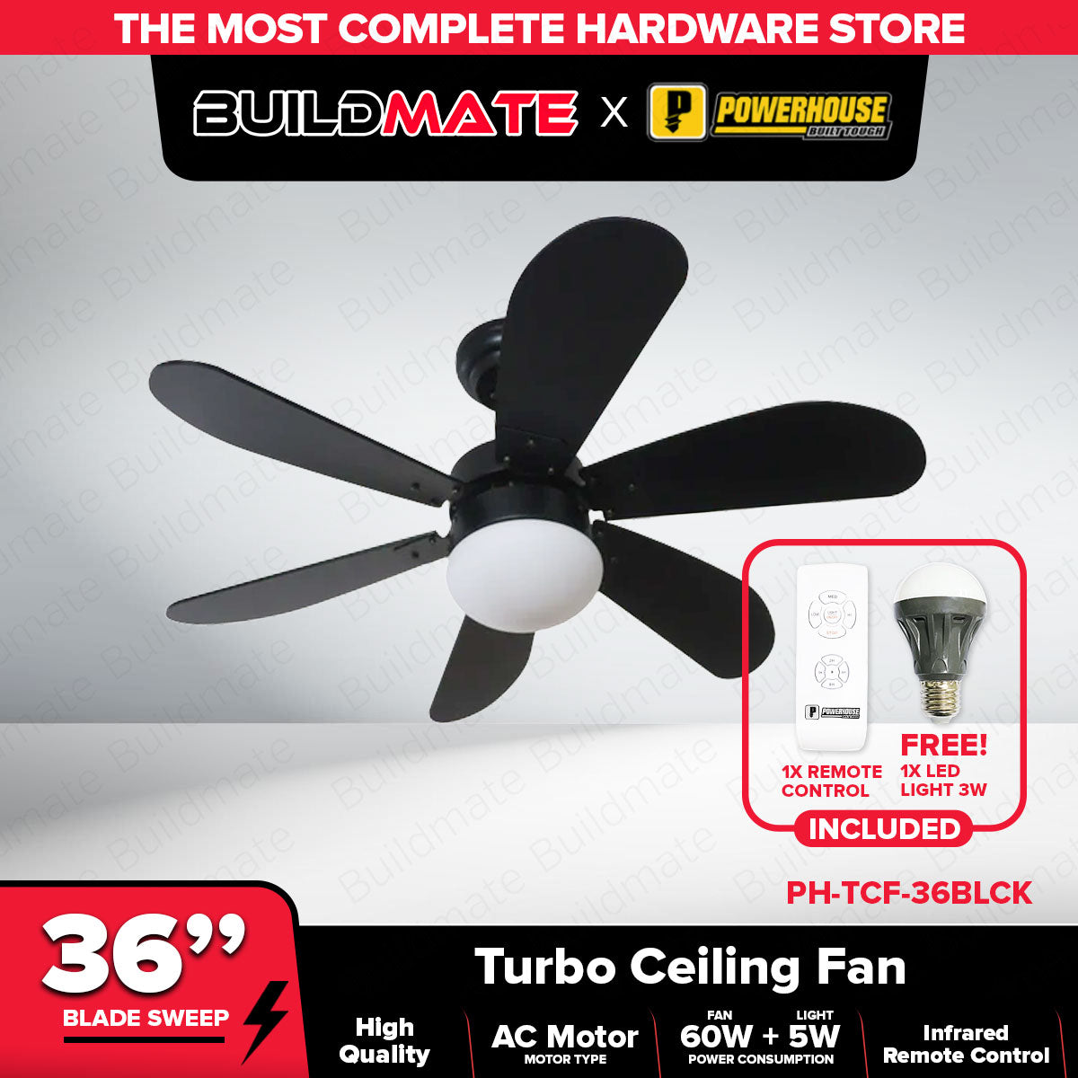 POWERHOUSE Turbo Ceiling Fan AC Motor 36in With Led Bulb & Remote Cont ...