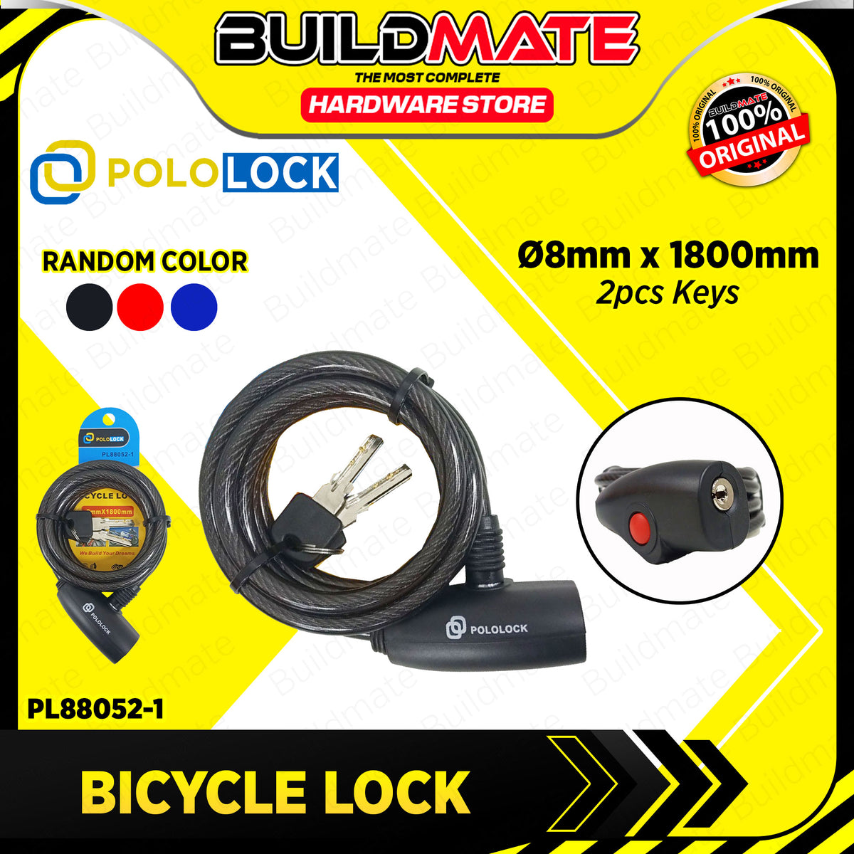 Pololock Coil Cable Bicycle Lock with Keys 8mm x 1800mm 1*48 PL88160-4 ...