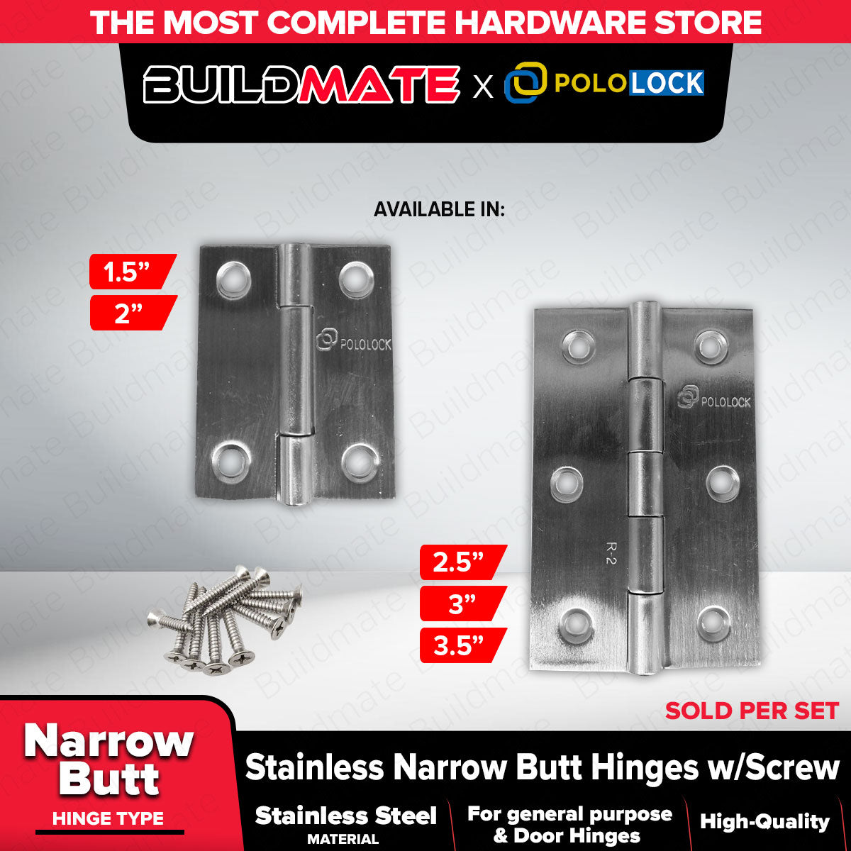 BUILDMATE x POLOLOCK Stainless Steel Narrow Butt Hinges with Screws 1 ...
