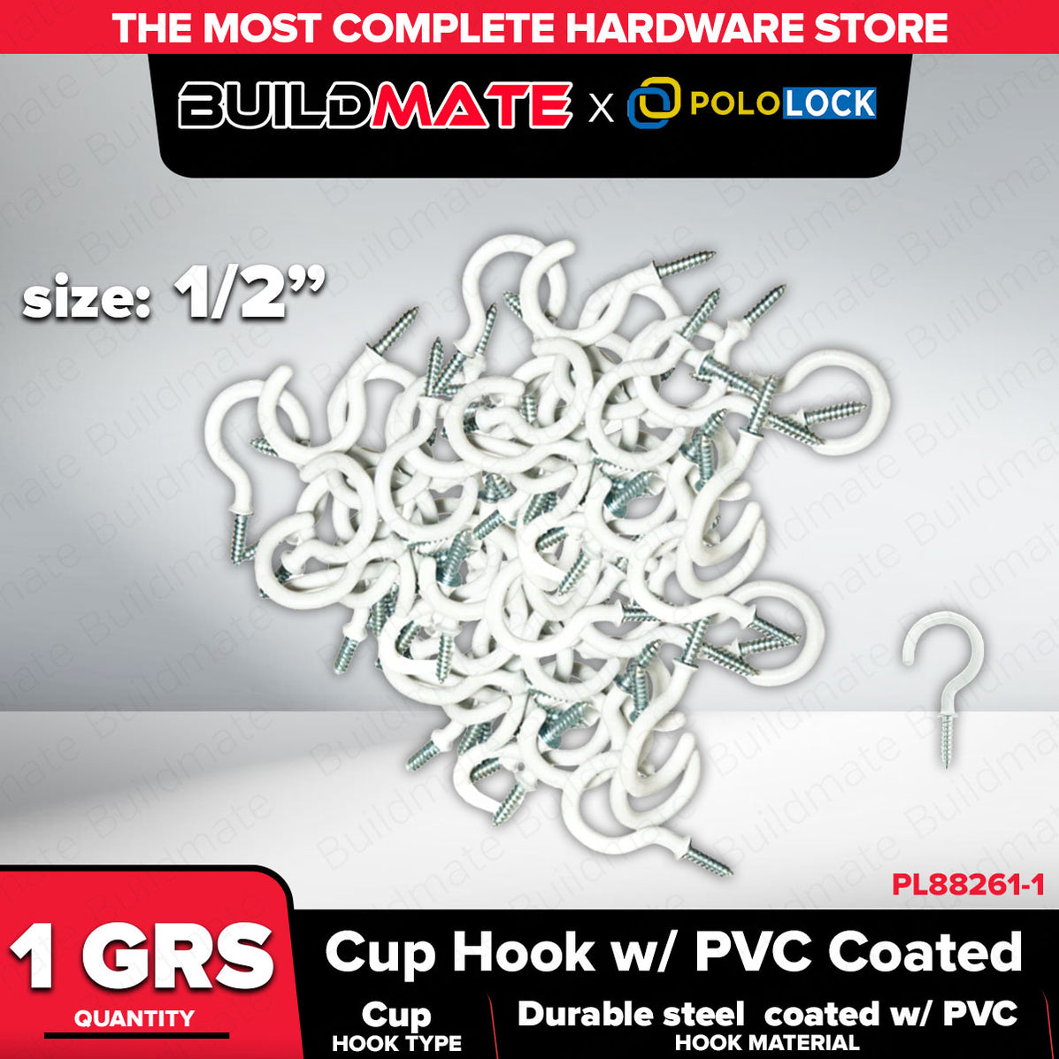 BUILDMATE x POLOLOCK Cup Hook with PVC Coating ½", ⅝", ¾", ⅞", 1", 1-¼ ...