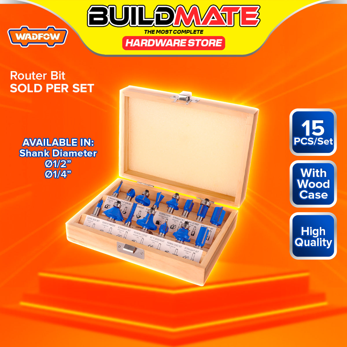 BUILDMATE Wadfow 15PCS/SET Router Bit 1/2" / 1/4" Shank Diameter Shapi ...