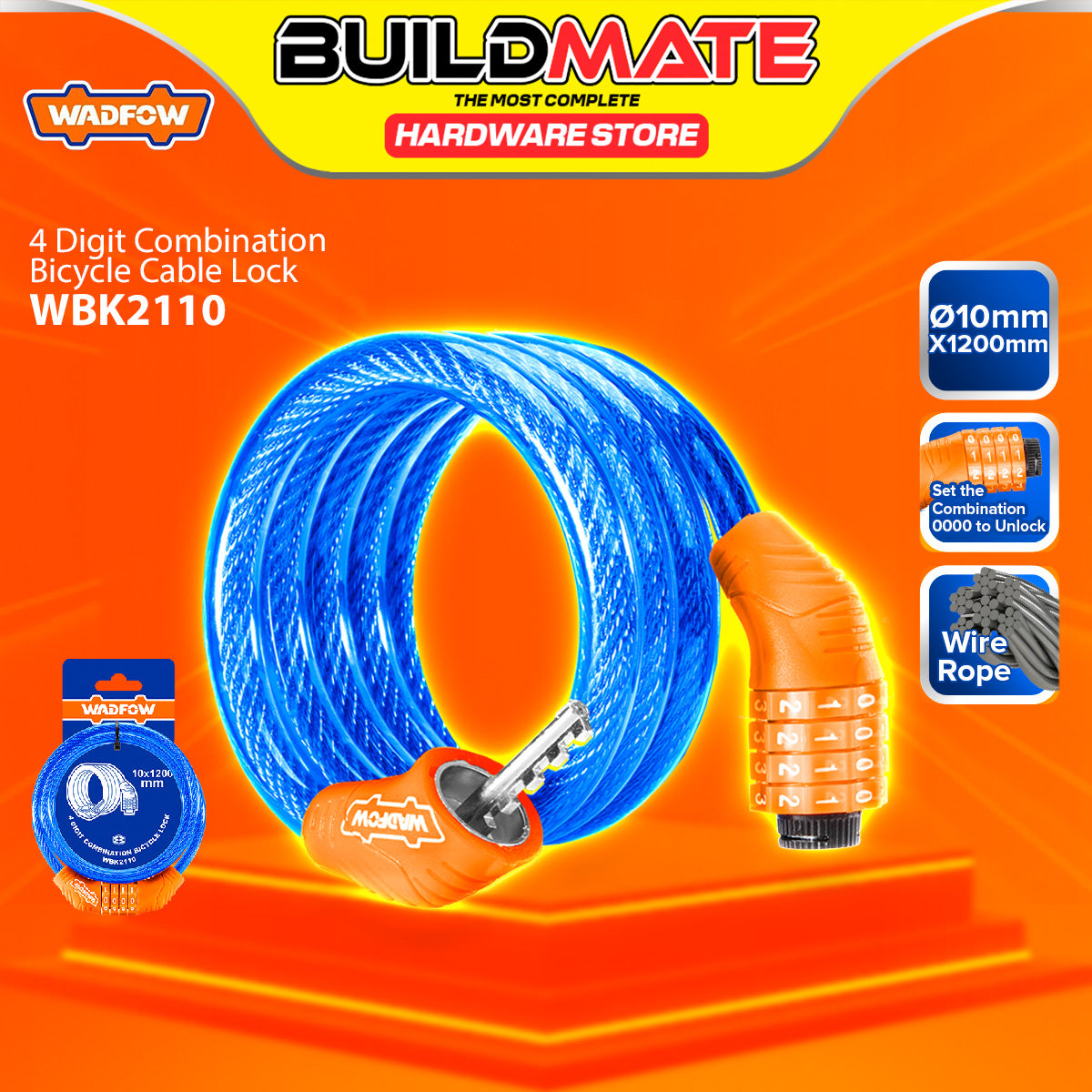 BUILDMATE Wadfow 4 Digit Combination Bicycle Cable Lock 10x1200mm PVC ...