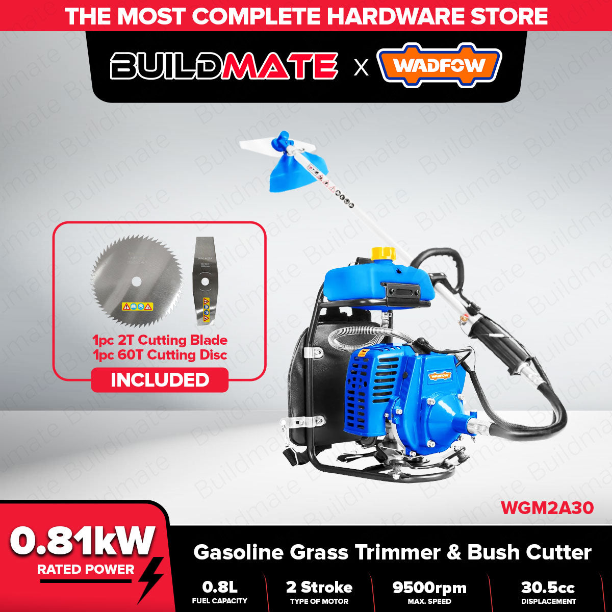 BUILDMATE Wadfow 2-Stroke Gasoline Grass Trimmer and Bush Cutter 30.5c ...