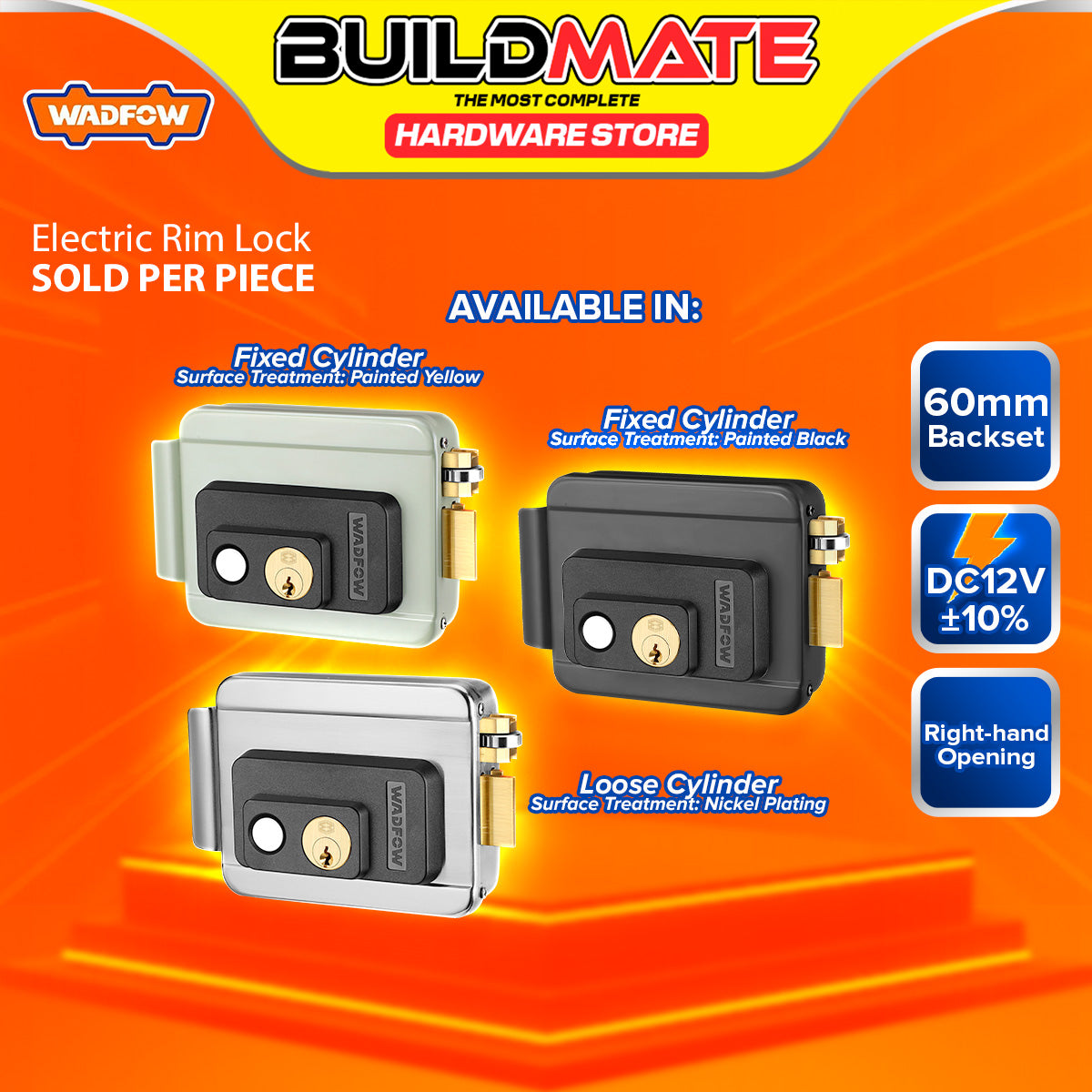 BUILDMATE Wadfow Electric Rim Lock 60mm Loose / Fixed Cylinder Right H ...