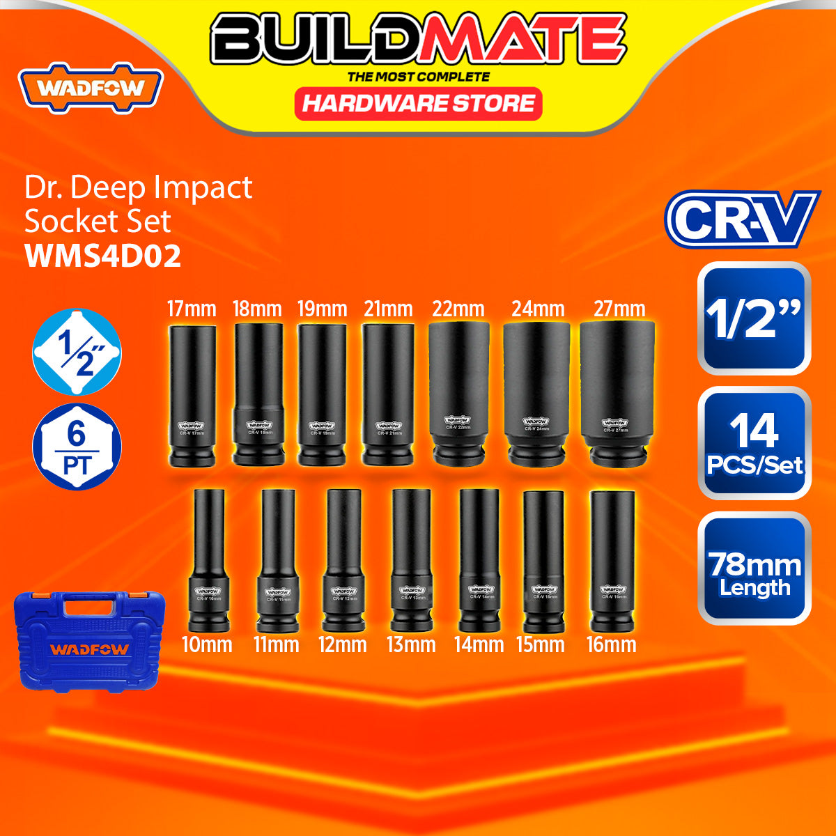 BUILDMATE Wadfow 14pcs 1/2" Dr. Deep Impact Socket Set WMS4D02 - WHT ...