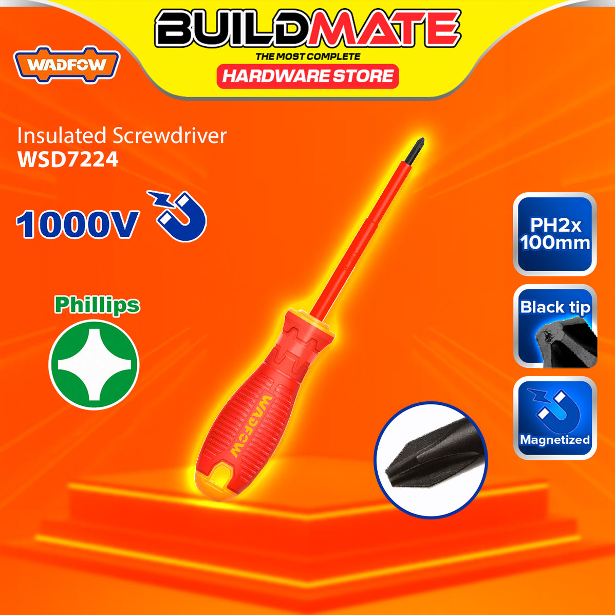 BUILDMATE Wadfow 1000V Insulated Screwdriver 75mm-150mm Phillips, Slot ...