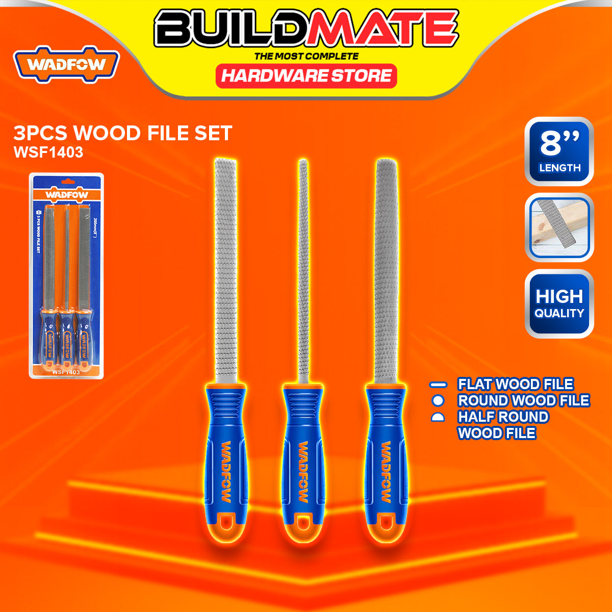 BUILDMATE Wadfow 3pcs 8" Wood File Set Round / Flat / Half-Round Multi ...