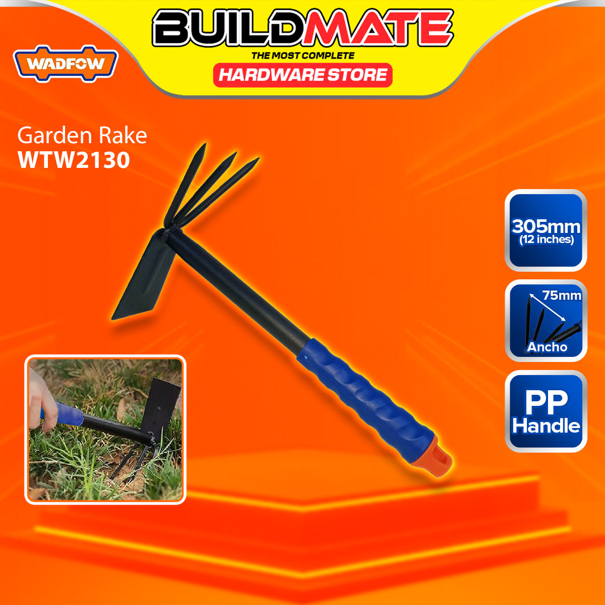 BUILDMATE Wadfow Garden Rake 305mm with PP Handle Handheld Mini Manual ...
