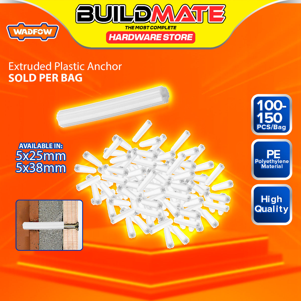 BUILDMATE Wadfow Extruded Plastic Anchor 5x25mm / 5x38mm White Ribbed ...