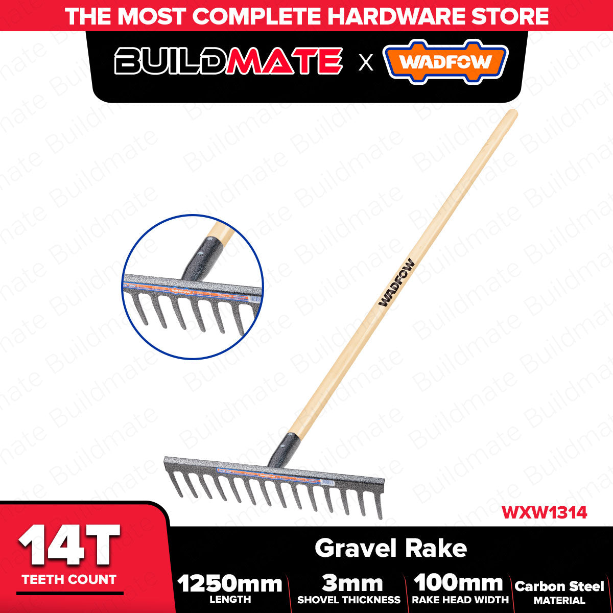 Wadfow 14T Heavy Duty Gravel & Landscaping Rake with Wooden Handle Wid — Buildmate