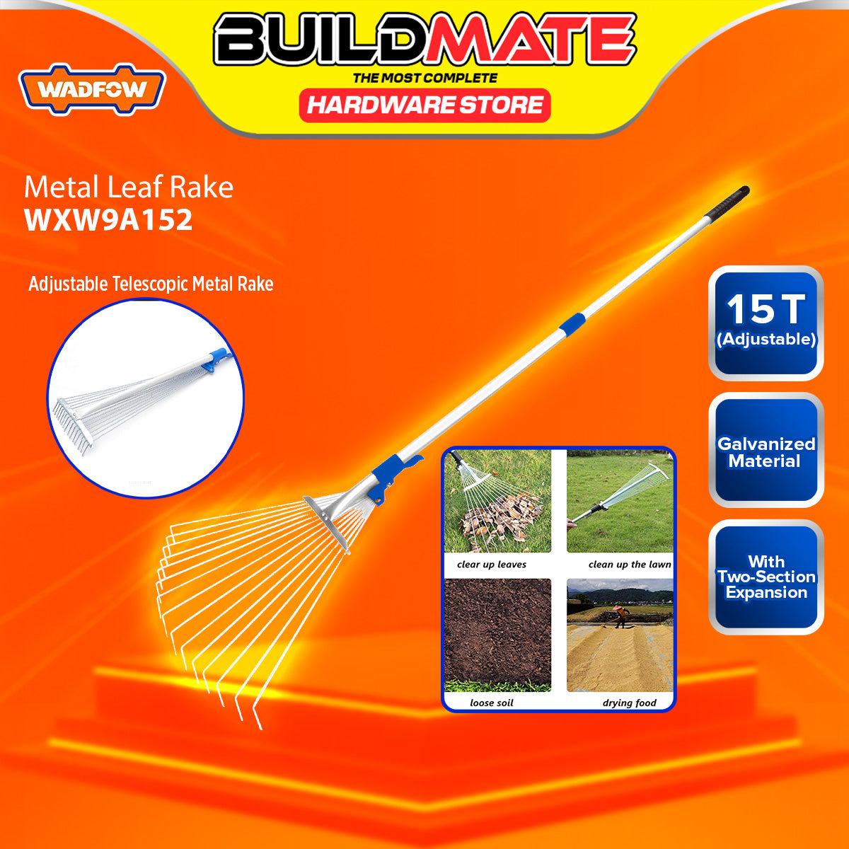 BUILDMATE Wadfow 15T Metal Leaf Rake With 2 Section Expansion Adjustab ...