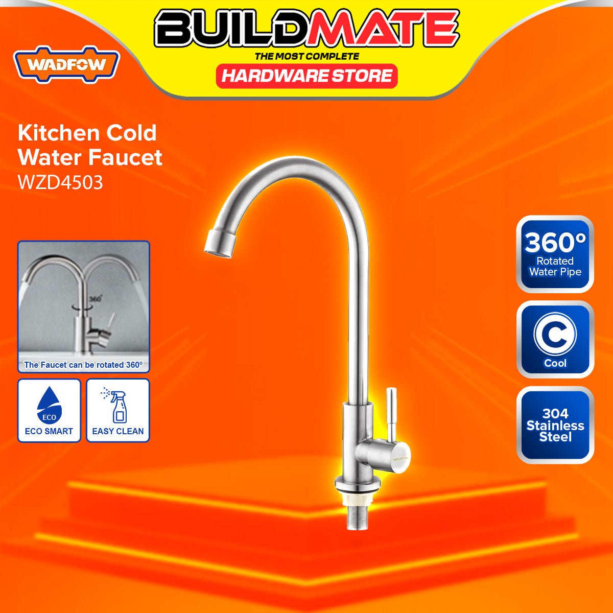 BUILDMATE Wadfow Kitchen Cold Water Faucet 360° Rotated 304 Stainless ...