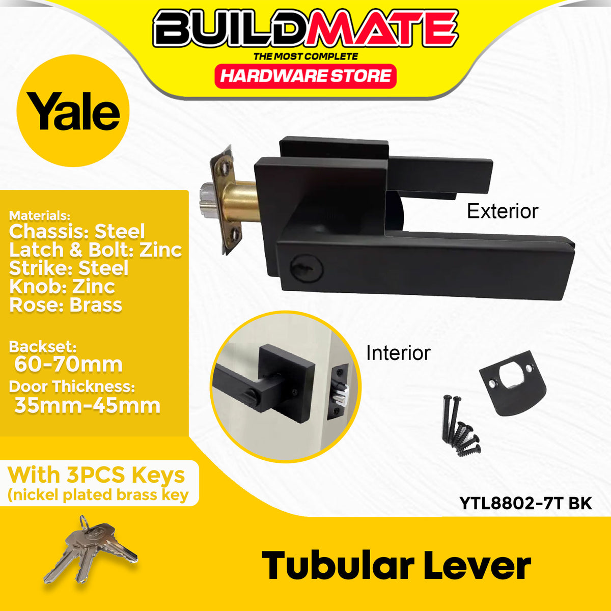 YALE Tubular Lever Style w/ Square Corner (Black Finish) #YTL8802-7T B ...