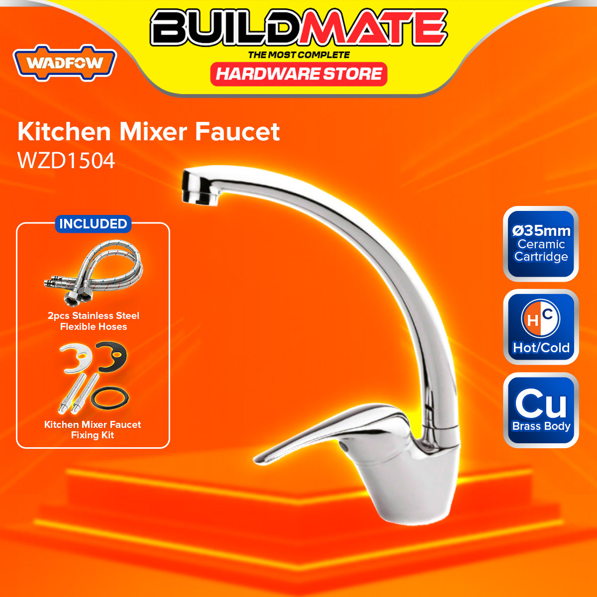 BUILDMATE Wadfow Kitchen Mixer Faucet Ø35mm Ceramic Cartridge Hot/Cold ...