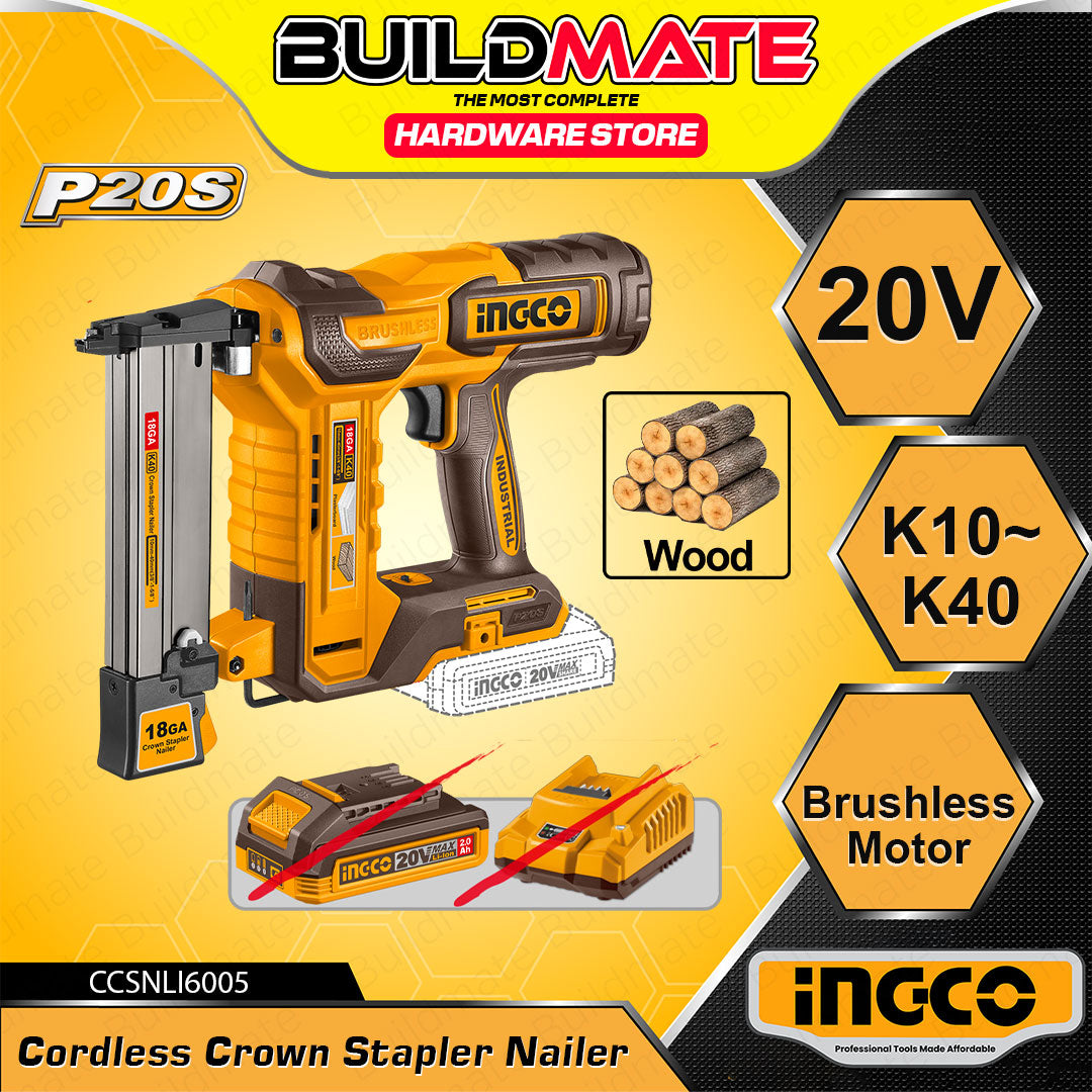 BUILDMATE Ingco K10-K40 20V Brushless Cordless Crown Stapler Nailer w ...