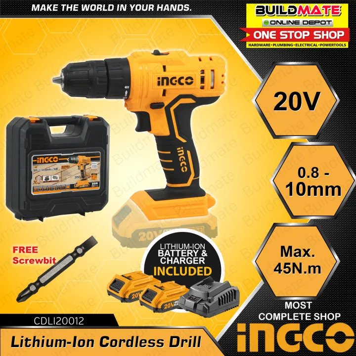 INGCO 20V Lithium-Ion Cordless Drill with 2x Battery 1x Charger with F ...