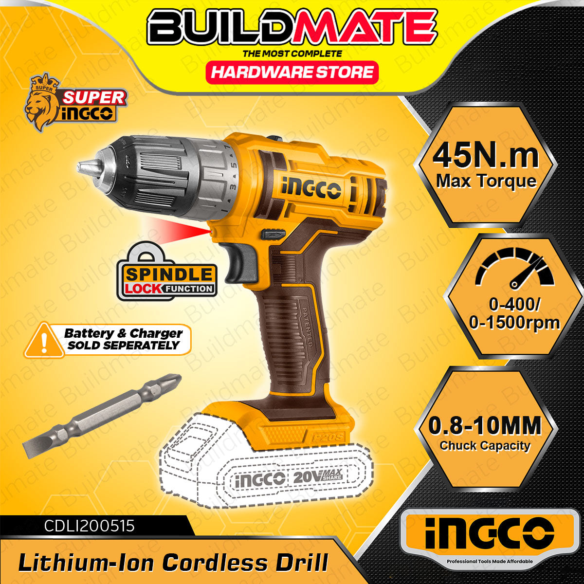 BUILDMATE Ingco Lithium-Ion Cordless Drill 20V 2-Speed Gear High Torqu ...