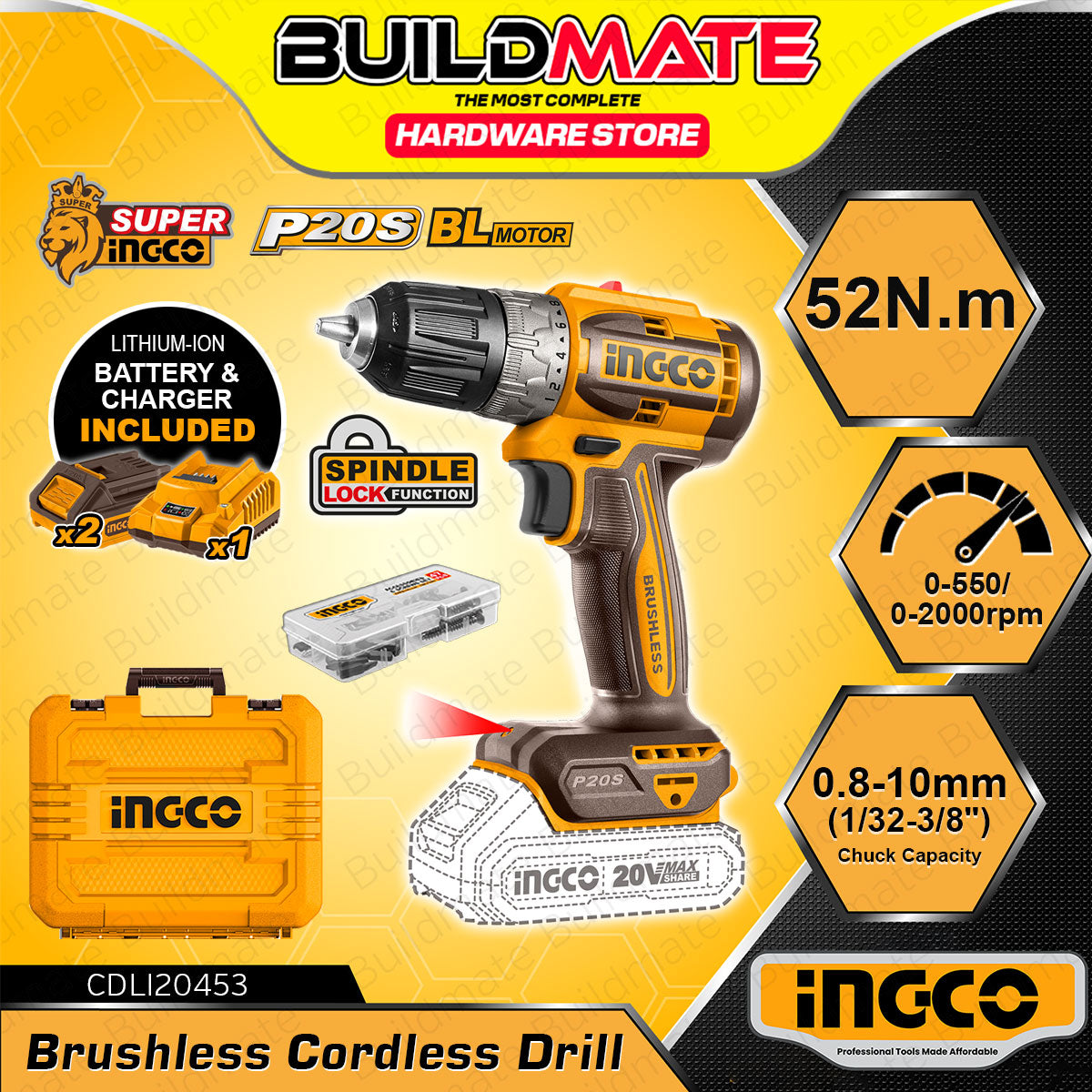 BUILDMATE Ingco Lithium-Ion 20V Brushless Cordless Drill 53N.m Recharg ...