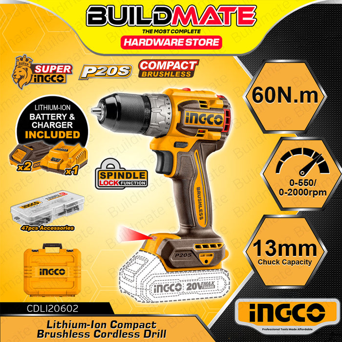BUILDMATE Ingco Lithium-Ion Compact Brushless Cordless Drill 20V Recha ...