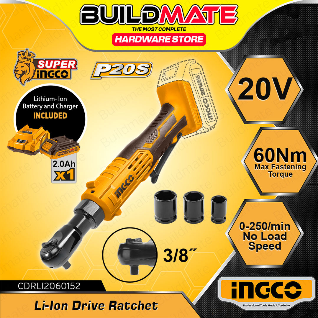 BUILDMATE Ingco 20V Lithium-Ion Cordless Drive Ratchet 65Nm High Torqu ...