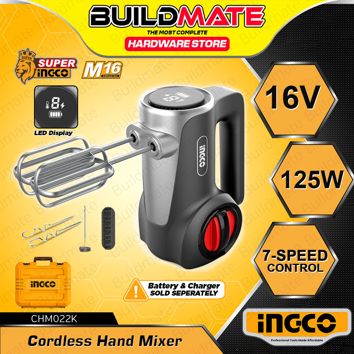 BUILDMATE Ingco 16V Cordless Hand Mixer 125W with 7-Speed Control Mult ...