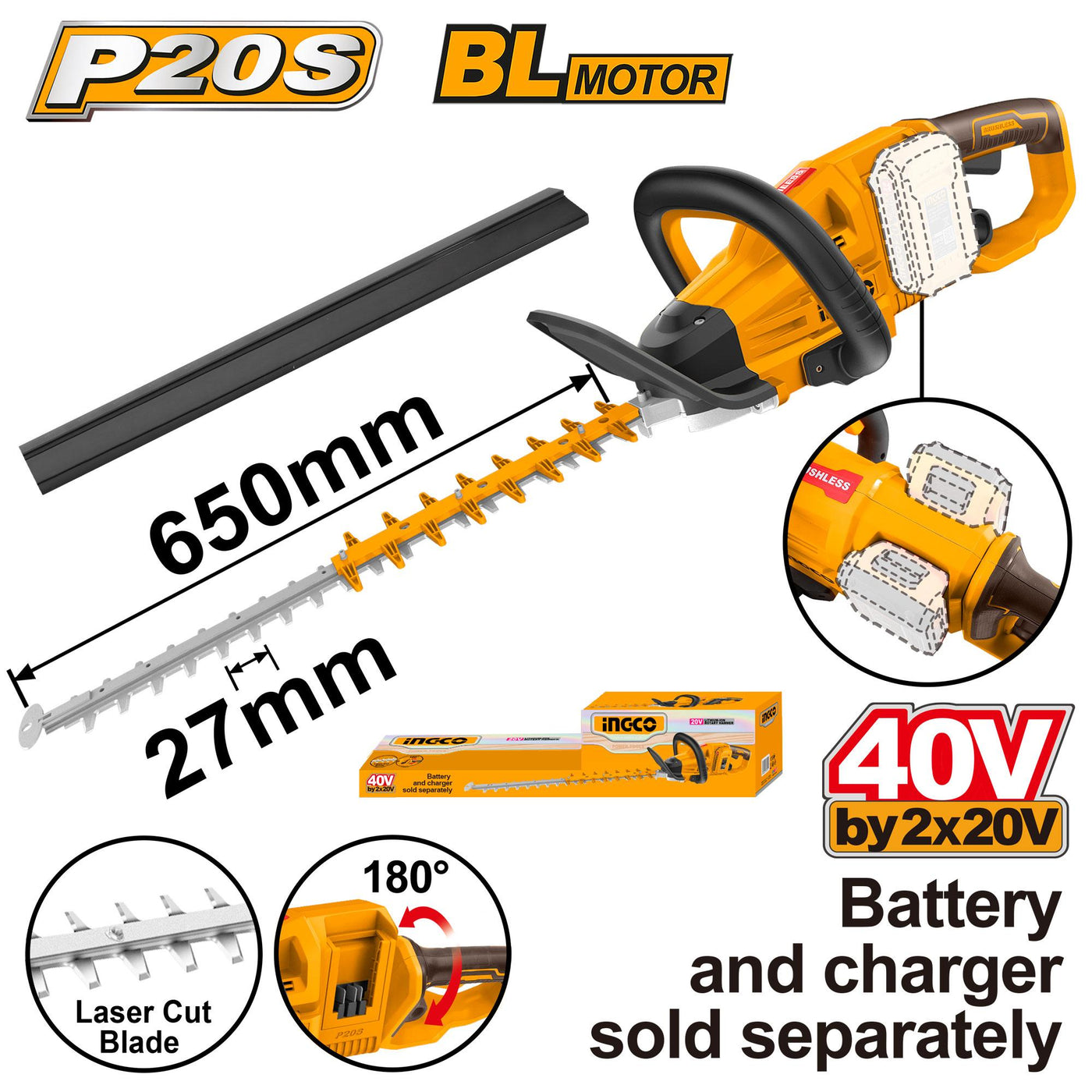 INGCO 40V Li-ion Hedge Trimmer for Powerful and Efficient Cutting CHTL ...